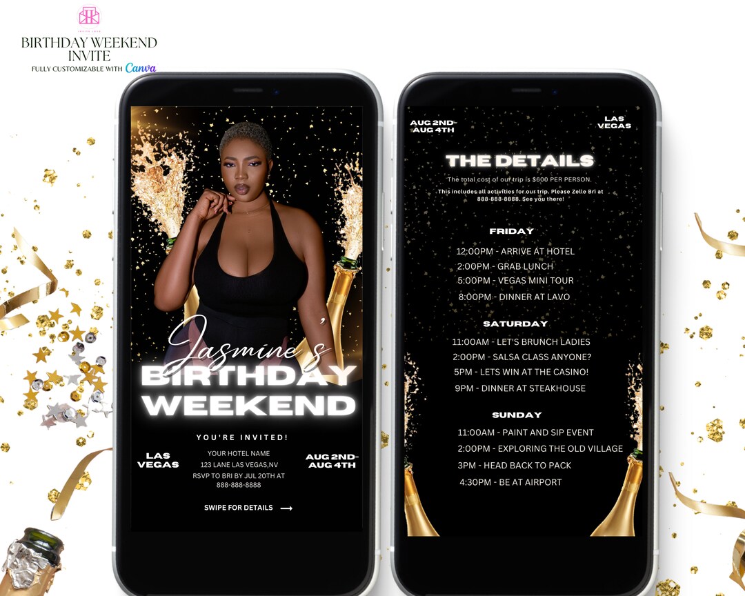 Black and Gold Birthday Birthday Weekend Invitation, Digital Birthday ...