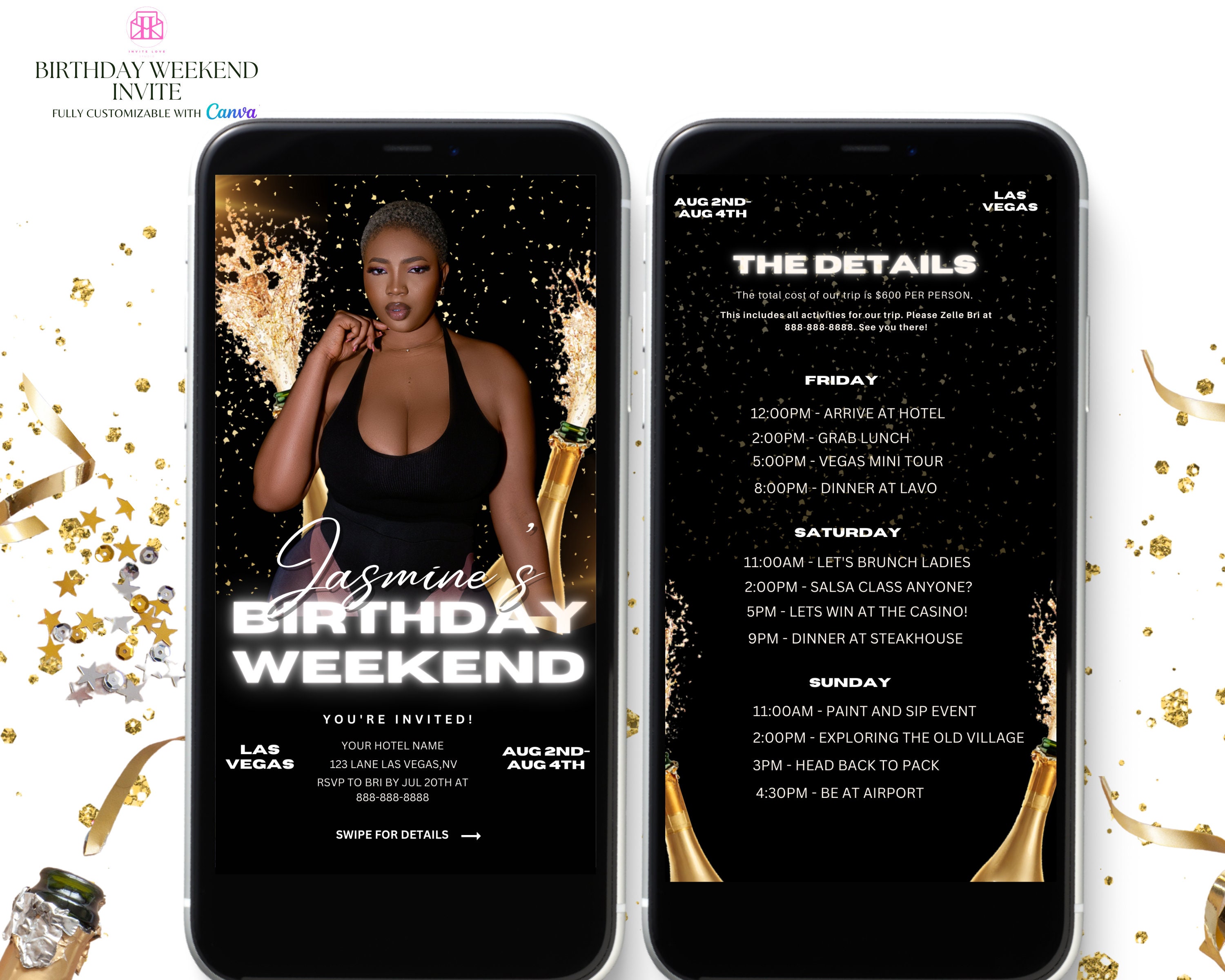 Black and Gold Birthday Birthday Weekend Invitation, Digital Birthday ...
