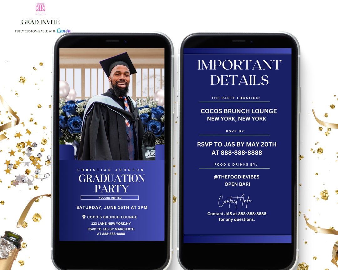 Blue Graduation Party Invitation, Digital Men's Dark Blue Floral ...