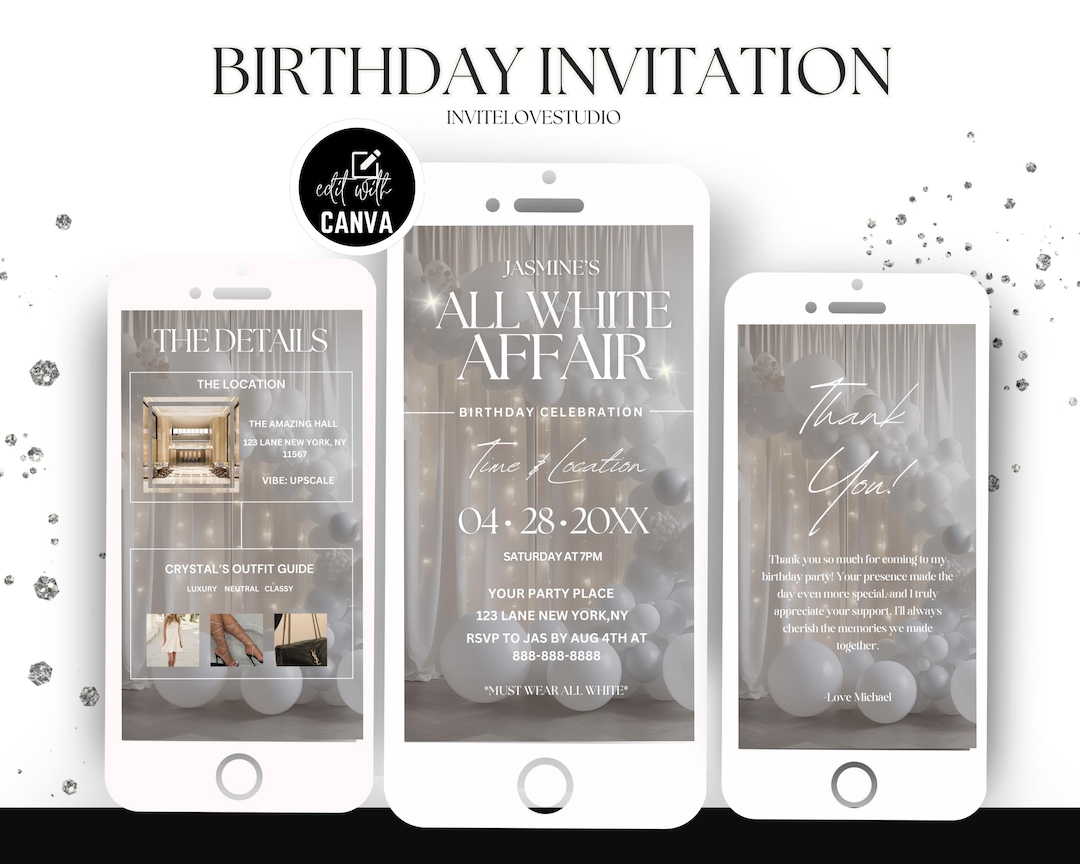Editable All White Party Invitation, Digital All White Affair Birthday ...