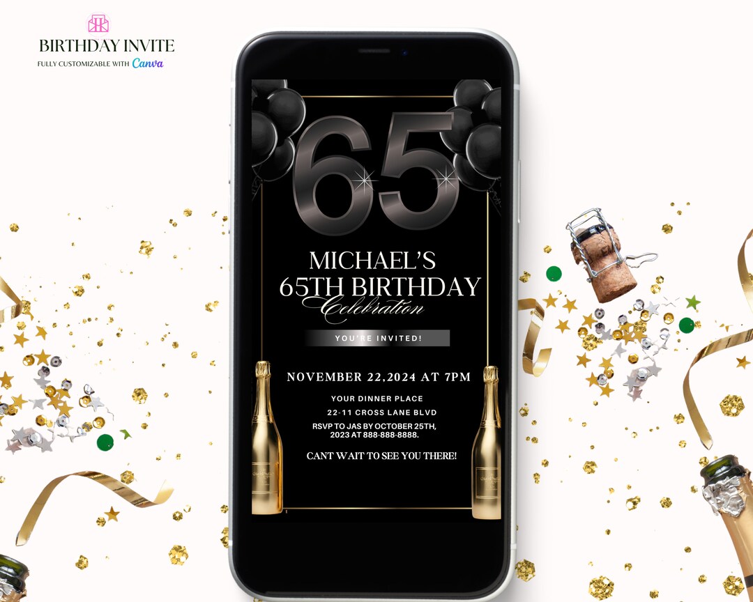 65th Men's Black and Gold Birthday Invitation, 65th Digital Birthday ...