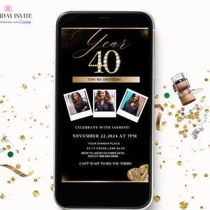 40th Black and Gold Birthday Birthday Party Invitation, 40th Glam ...