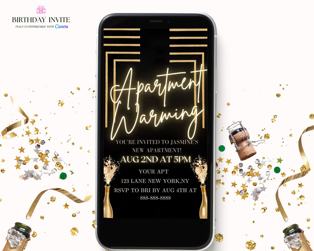 Black and Gold Apartment Warming Invitation, Digital New House Invite ...