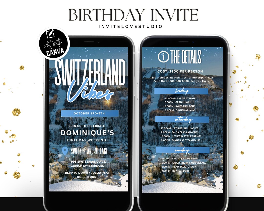 Editable Birthday Weekend Invitation, Digital Switzerland Birthday Girl ...