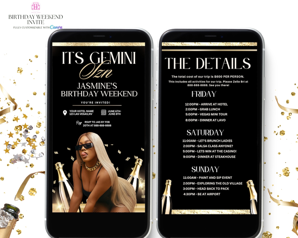 Black & Gold Gemini Birthday Weekend Invitation, Digital Birthday Girl ...