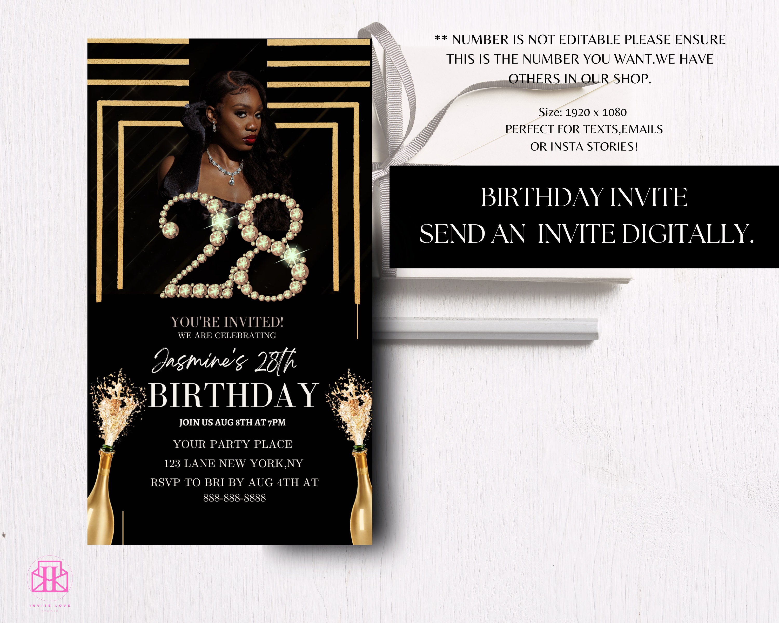 28th Black and Gold Birthday Birthday Party Invitation, 28th Digital ...