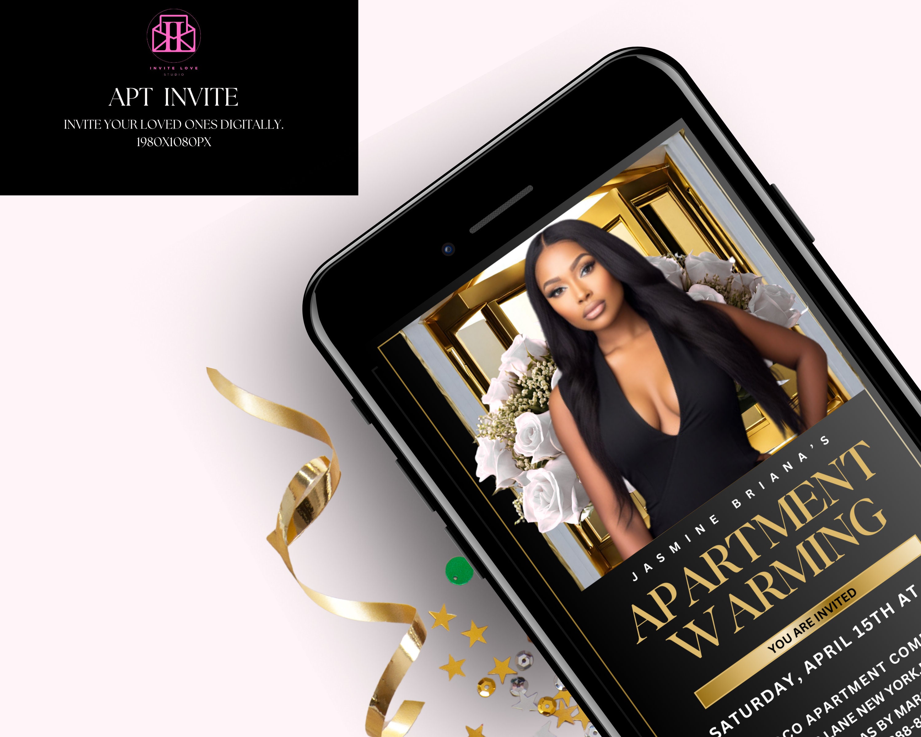 Black and Gold Apartment Warming Invitation, Digital New House Invite ...