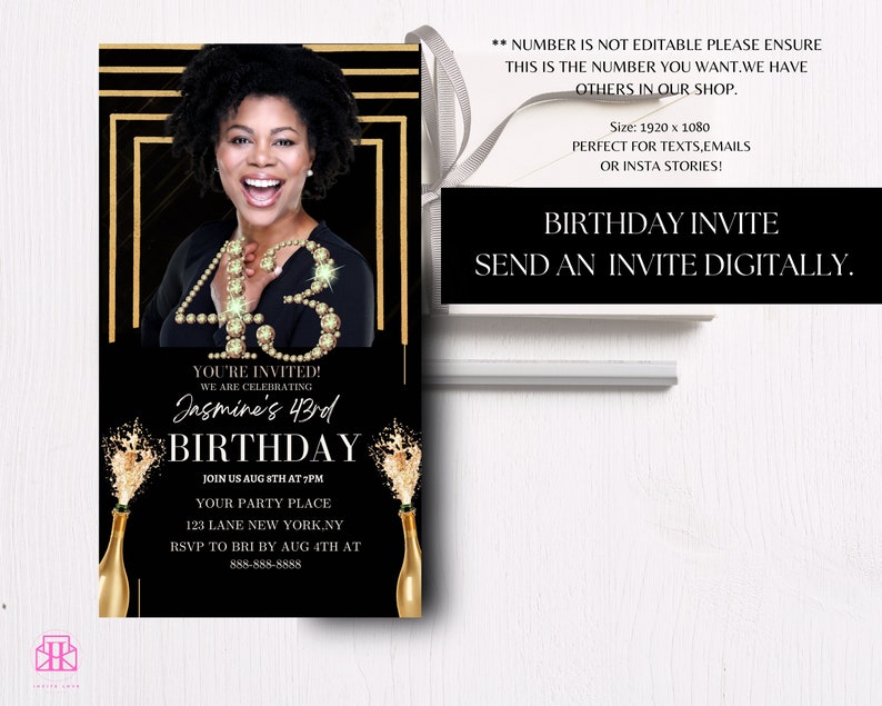 43rd Black and Gold Birthday Birthday Party Invitation 43rd - Etsy