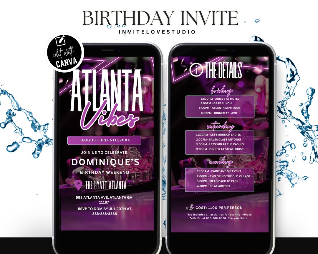 Editable Birthday Weekend Invitation, Digital Atlanta Birthday Girl ...