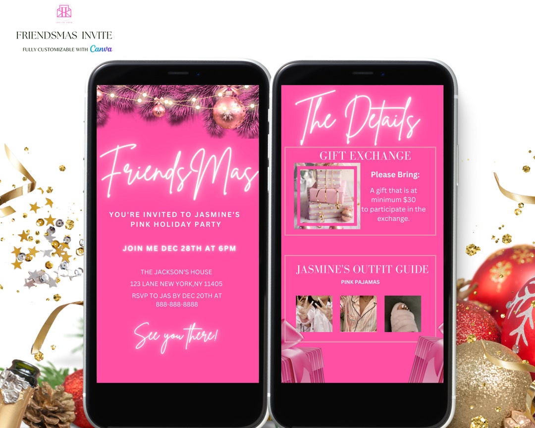 Pink Friendsmas Party Invitation, Women's Gift Exchange Party Invite ...