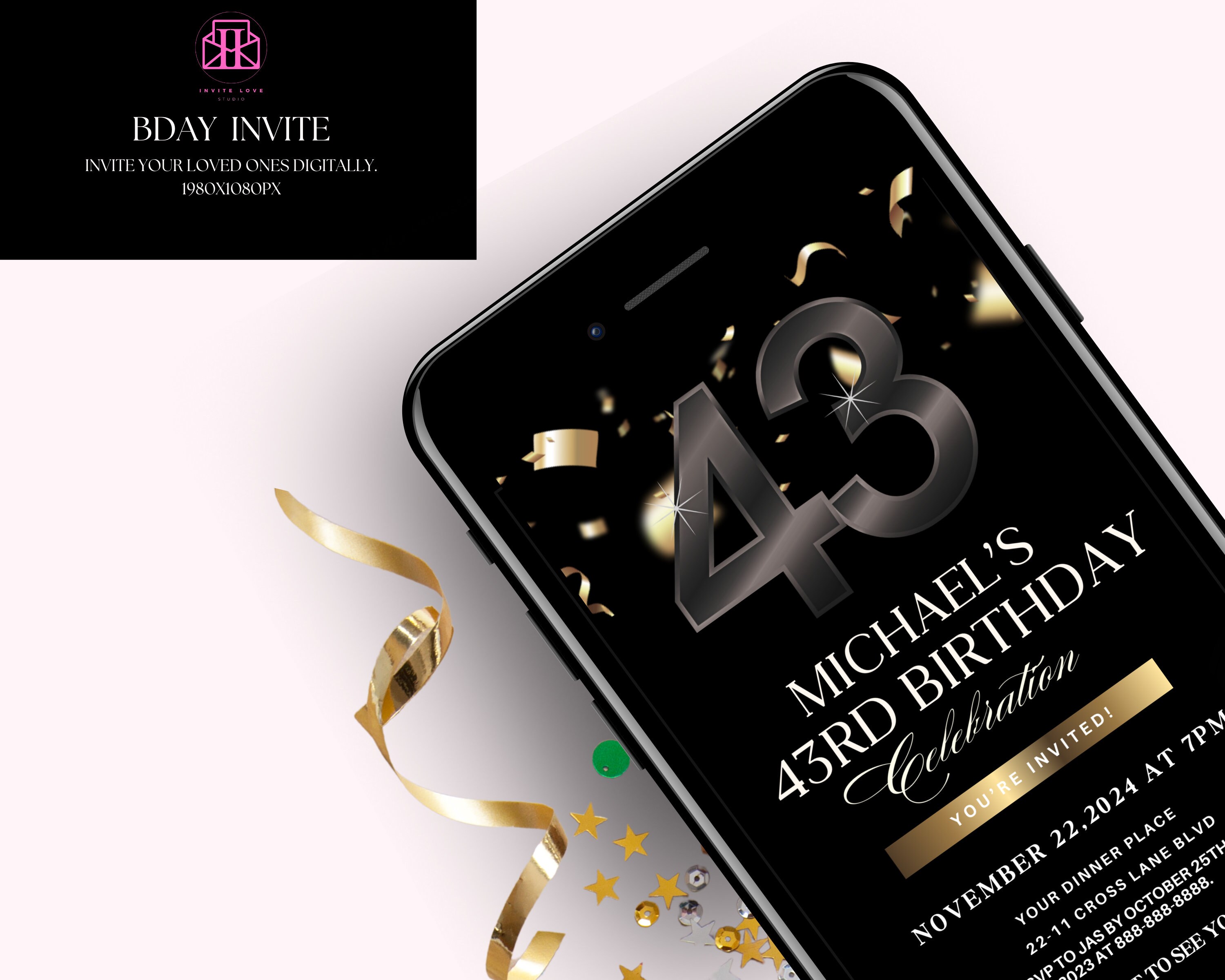 43rd Men's Black and Gold Birthday Invitation, 43rd Digital Birthday ...