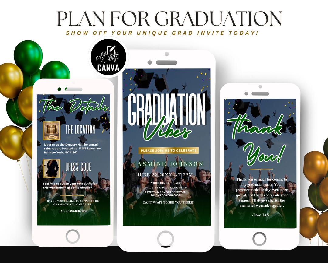 Digital Graduation Party Invitation, Editable Green and Gold Grad ...