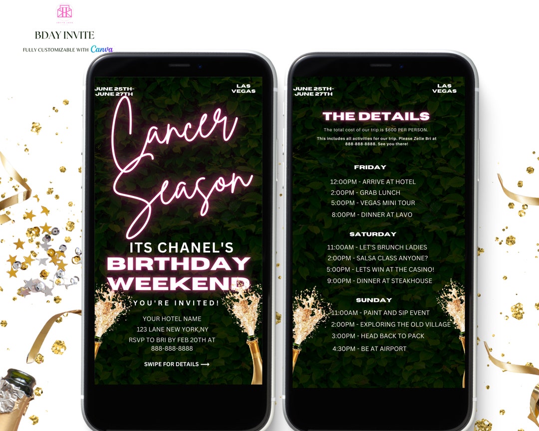 Neon Greenery Cancer Birthday Weekend Invitation, Digital Birthday Girl ...