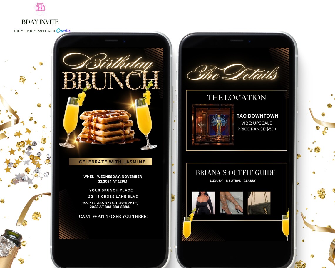 Black and Gold Birthday Brunch Invitation, Women's Brunch Digital ...