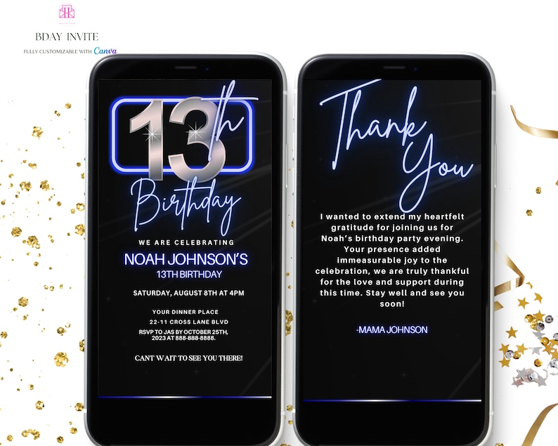 13th Neon Blue Birthday Invitation, Teenager Thirteenth Digital ...