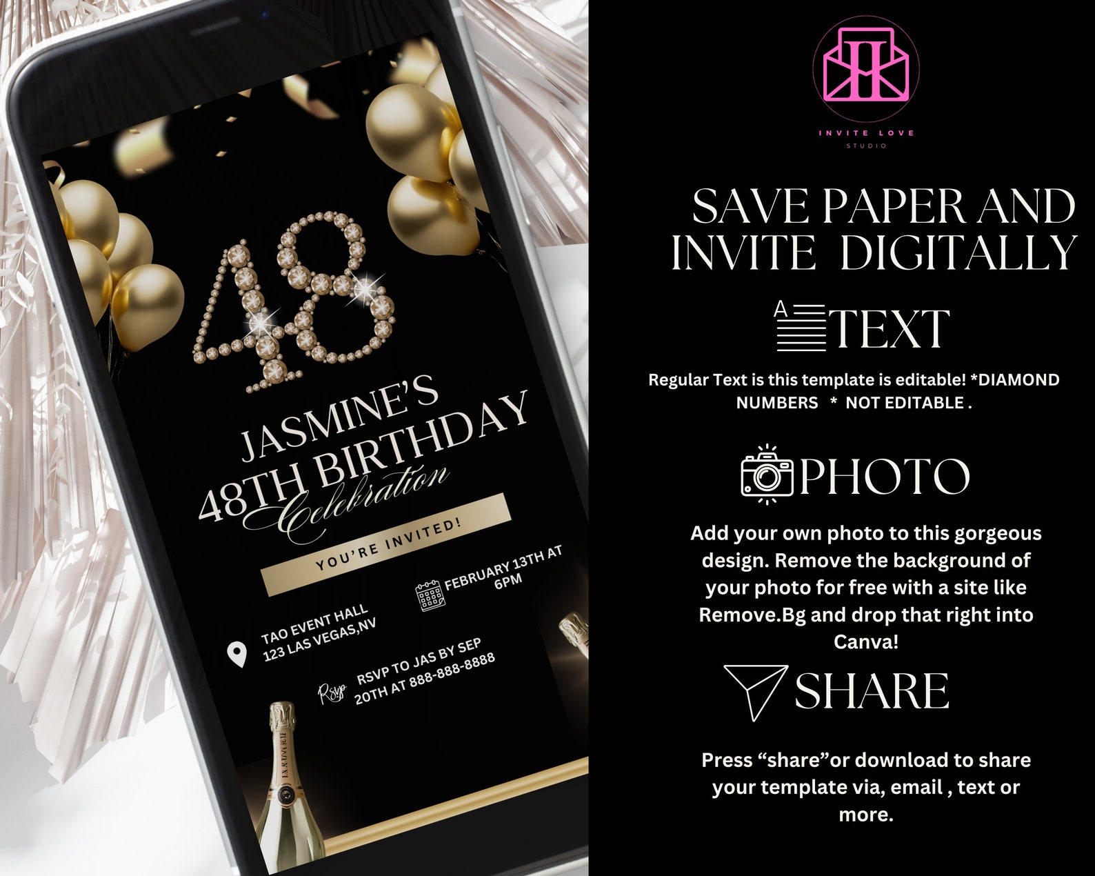48th Black and Gold Birthday Birthday Party Invitation, 48th Digital ...