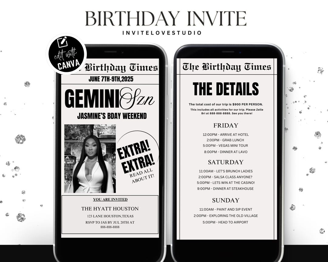 Editable Gemini Birthday Weekend Newspaper Invitation, Digital Gemini ...