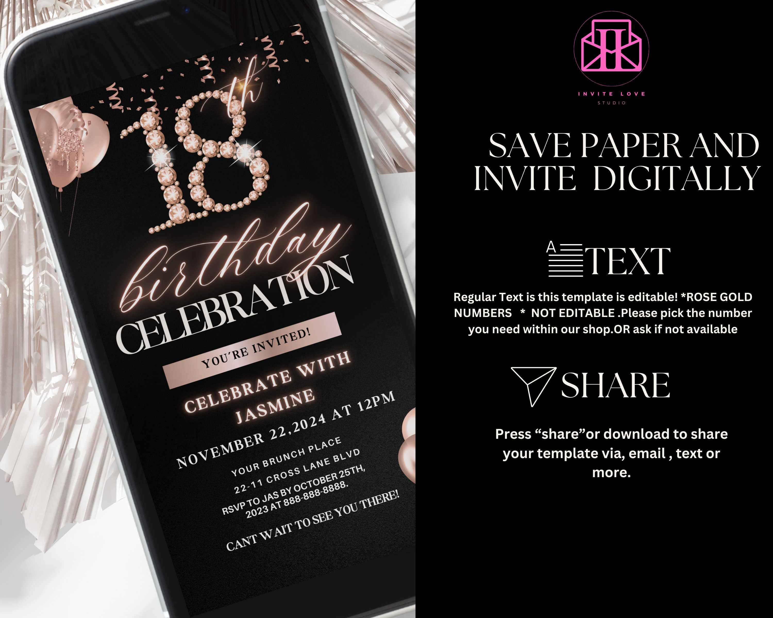 18th Rose Gold Birthday Party Invitation, 18th Women's Rose Gold ...