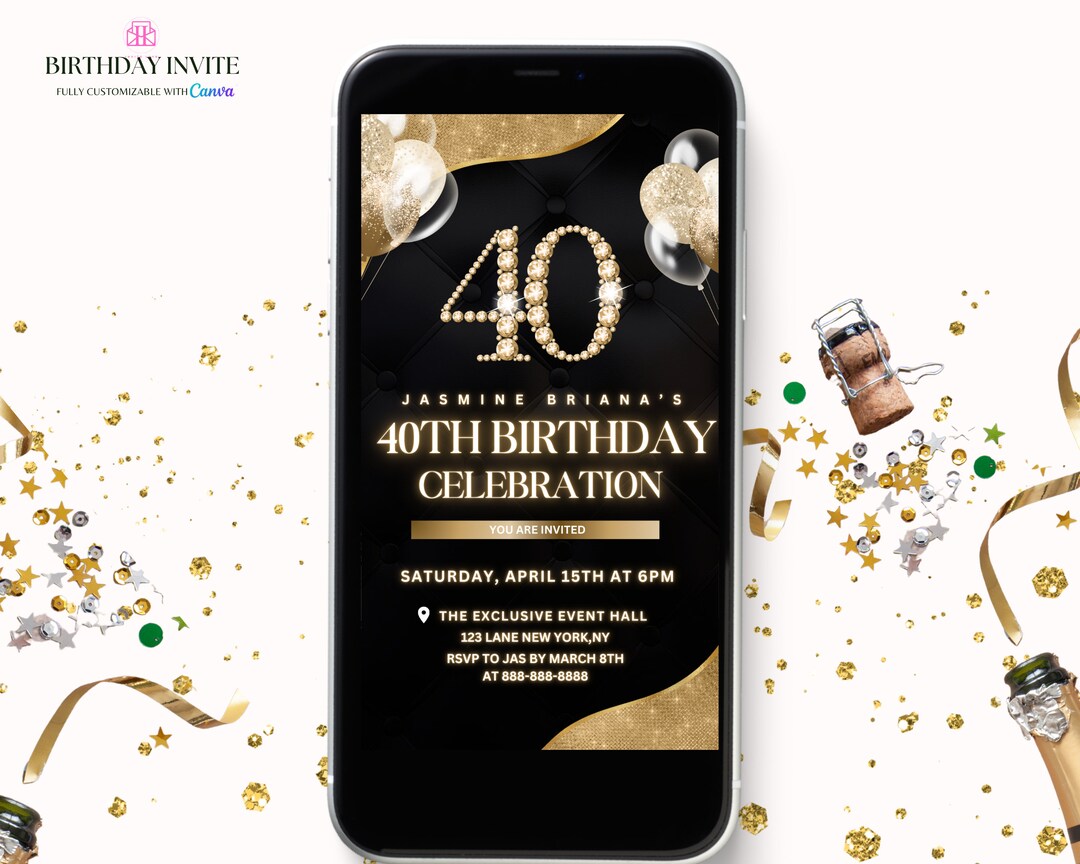 40th Black and Gold Birthday Birthday Party Invitation, 40th Glam ...