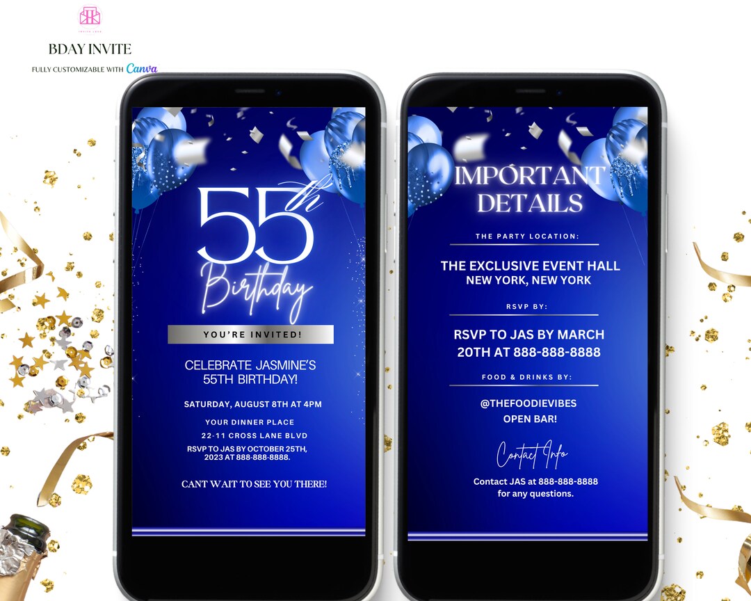 55th Blue and Silver Birthday Invitation, Women's 55th Blue Digital ...