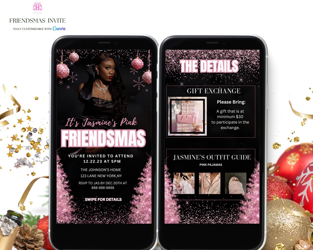 Pink Friendsmas Party Invitation, Photo Women's Gift Exchange Party ...