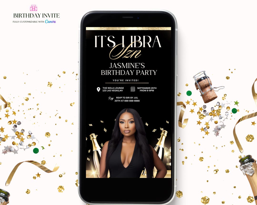 Black & Gold Libra Birthday Party Invitation, Digital Birthday Girl ...
