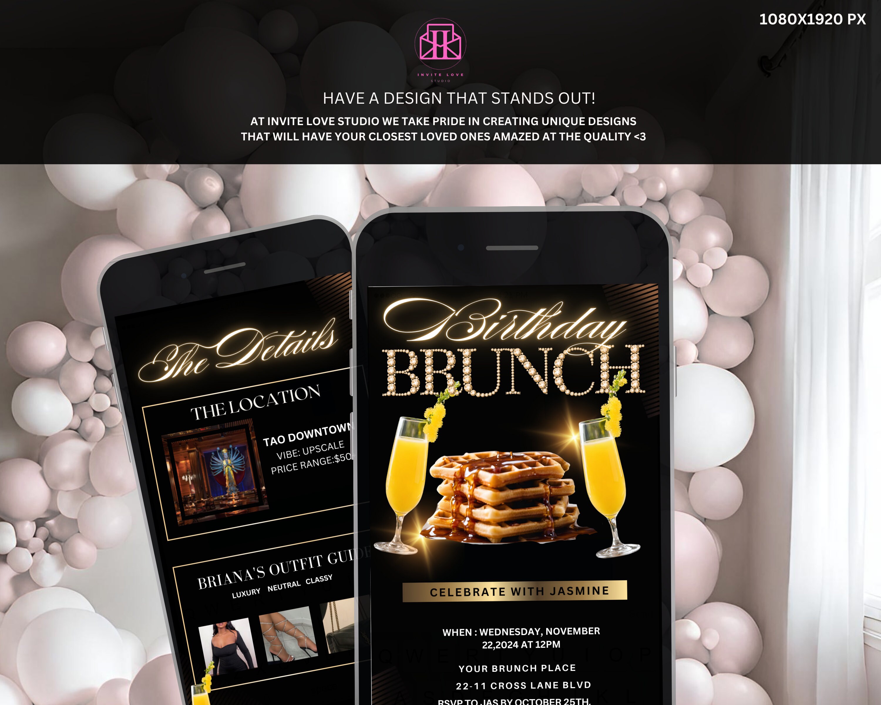 Black and Gold Birthday Brunch Invitation, Women's Brunch Digital ...