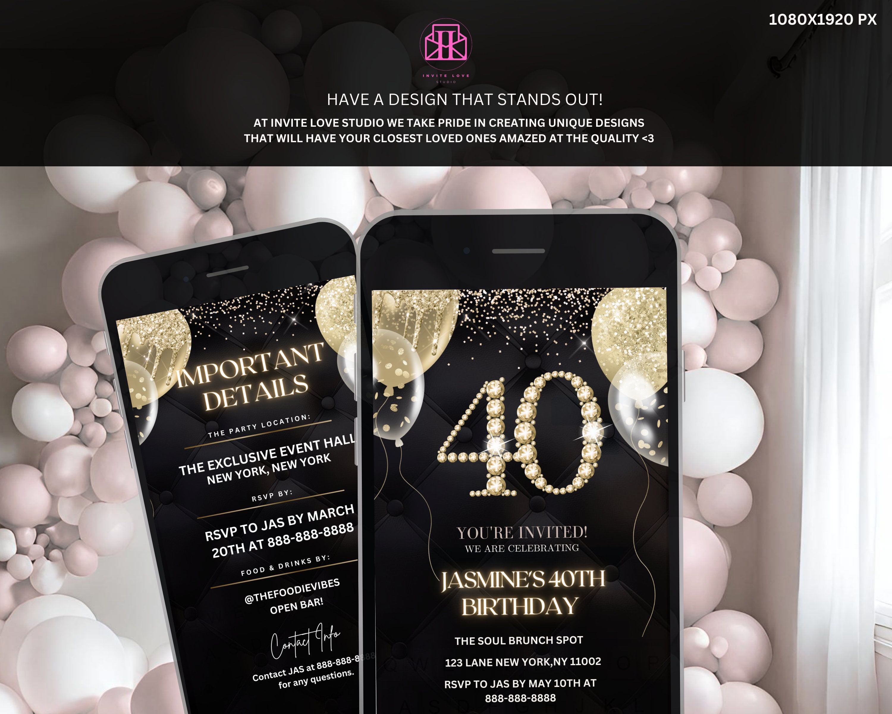 40th Black and Gold Birthday Birthday Party Invitation, 40th Glam ...