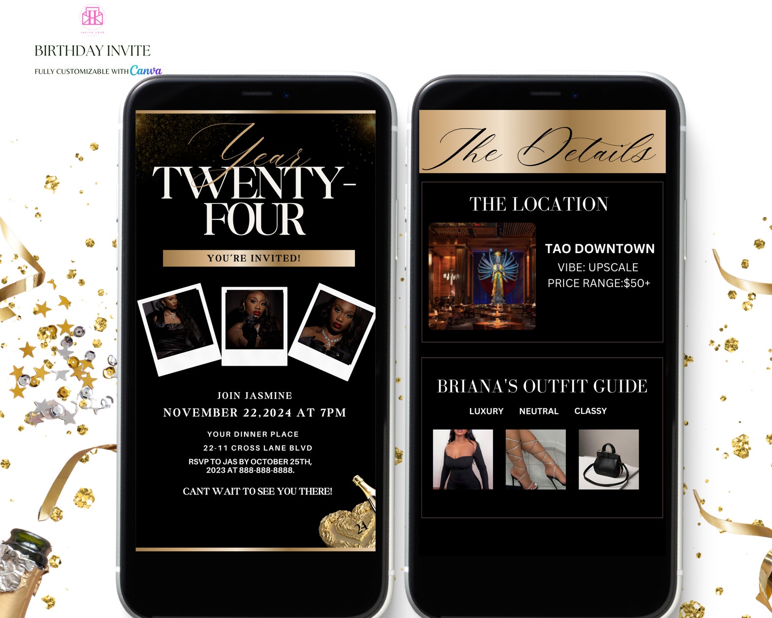 24th Black Gold Birthday Dinner Invitation, 24th Digital Birthday Girl ...