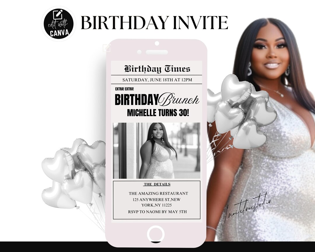 Digital Birthday Brunch Newspaper Invitation, Editable Birthday Party ...