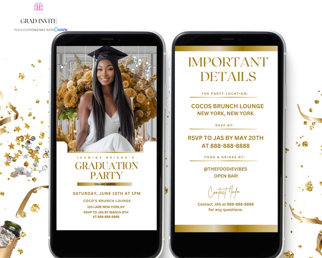 White Gold Graduation Party Invitation, Digital Gold Floral Nursing ...