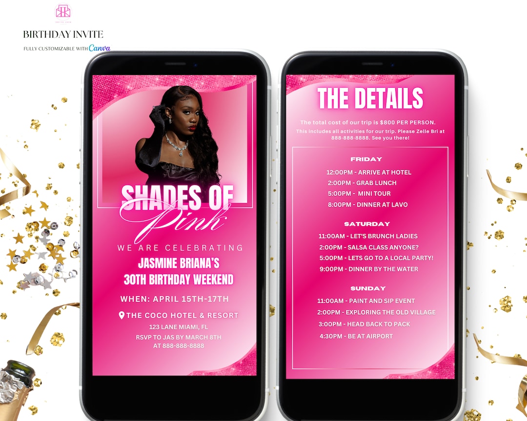 Shades of Pink Birthday Weekend Invitation, Digital Birthday Girl Trip ...
