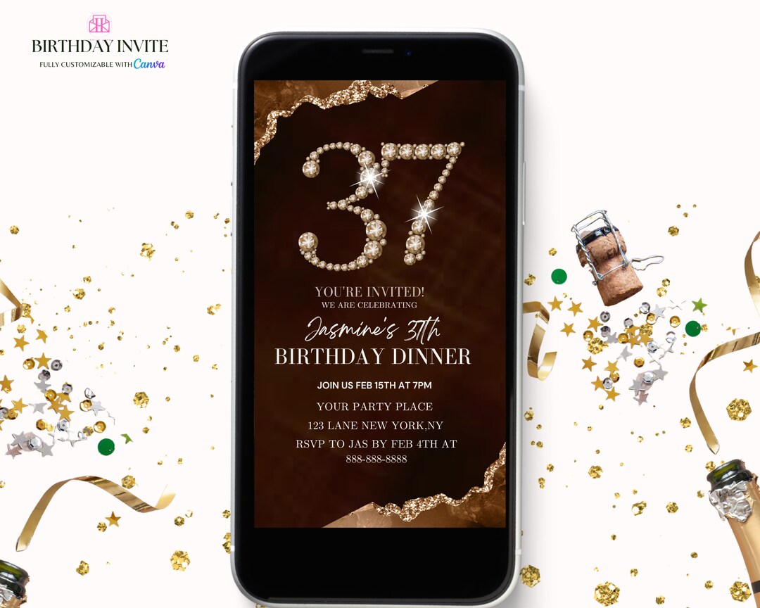 37th Brown Agate Birthday Birthday Party Invitation, 37th Digital ...