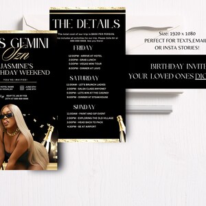 Black & Gold Gemini Birthday Weekend Invitation, Digital Birthday Girl ...