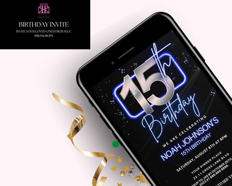 15th Neon Blue Birthday Invitation, Teenager Fifteenth Digital Birthday ...