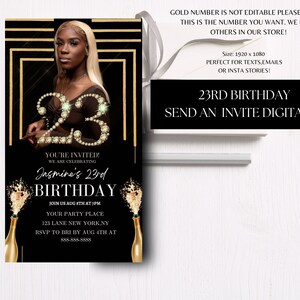 23rd Black and Gold Birthday Birthday Party Invitation, 23rd Digital ...