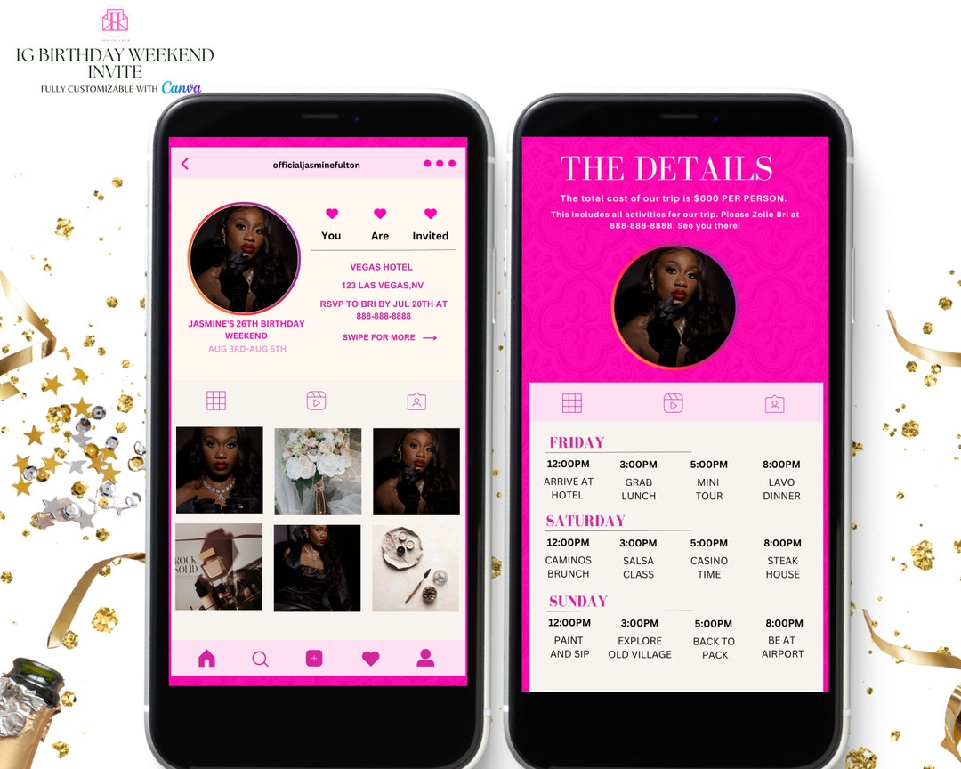 Pink Instagram Card Birthday Weekend Invitation, IG Digital Birthday ...