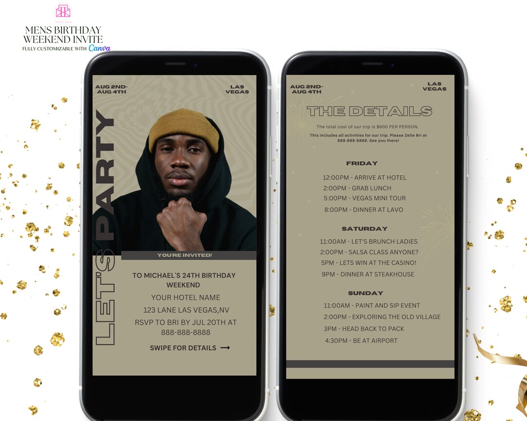 Tan Men's Birthday Weekend Invitation, Streetwear Digital Birthday Men ...