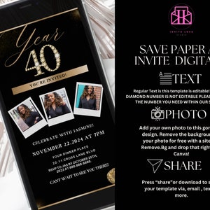 40th Black and Gold Birthday Birthday Party Invitation, 40th Glam ...