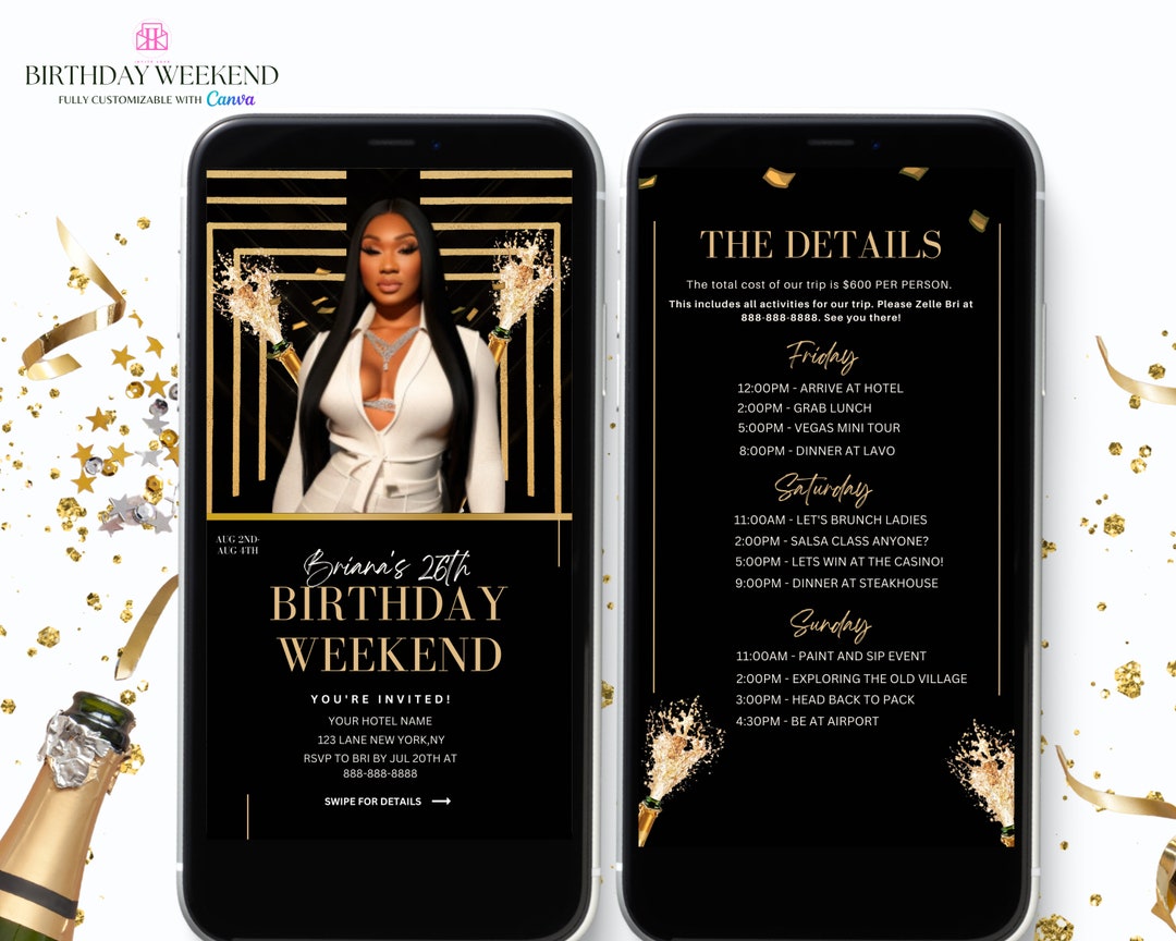 Black and Gold Birthday Birthday Weekend Invitation, Digital Birthday ...