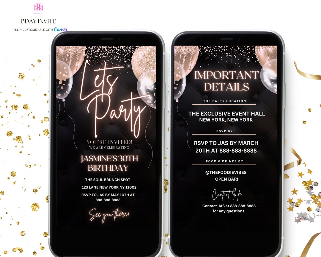 Rose Gold Birthday Party Invitation, Birhday Invite for Her, Online ...
