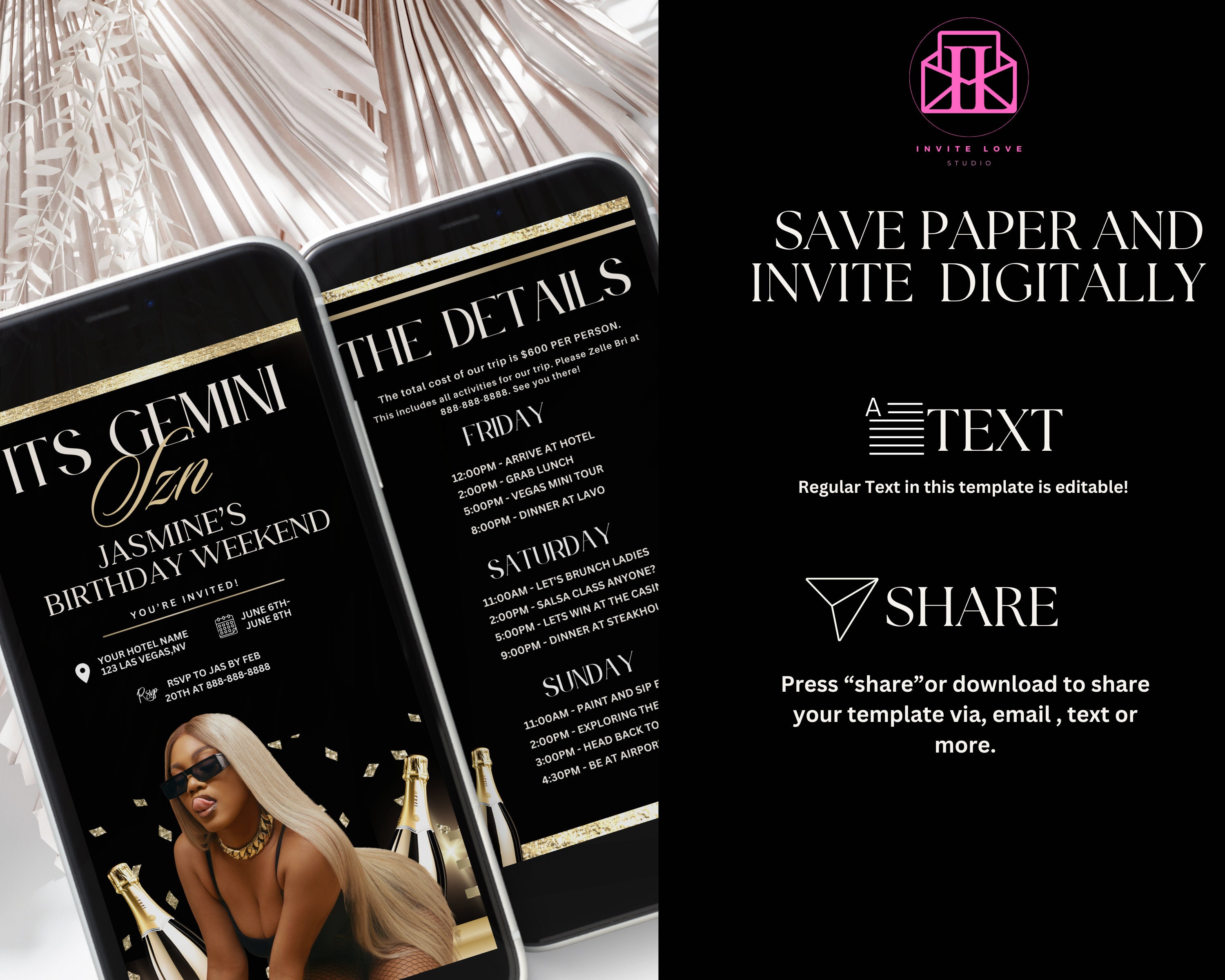 Black & Gold Gemini Birthday Weekend Invitation, Digital Birthday Girl ...