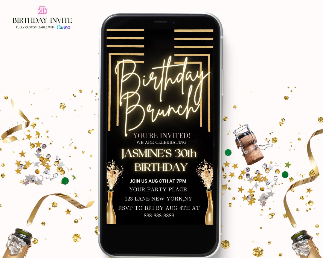 Black and Gold Birthday Brunch Invitation, Women's Black Gold Digital ...