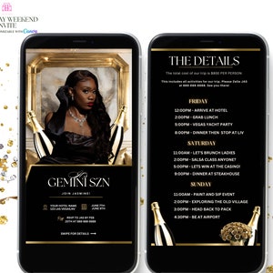 Black & Gold Gemini Birthday Weekend Invitation, Digital Birthday Girl ...