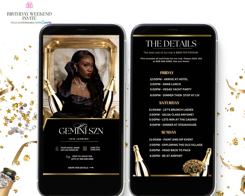 Black & Gold Gemini Birthday Weekend Invitation, Digital Birthday Girl ...