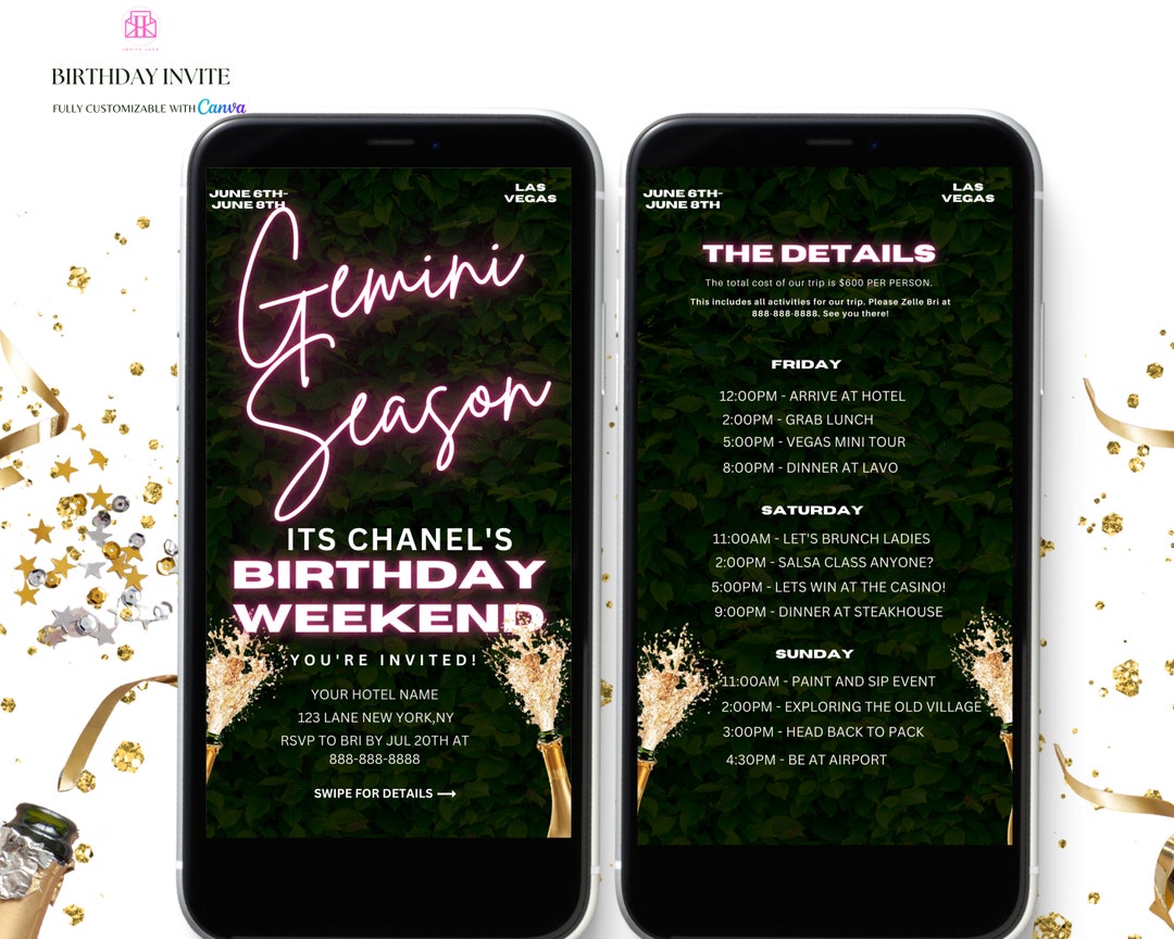 Neon Greenery Gemini Birthday Weekend Invitation, Digital Birthday Girl ...