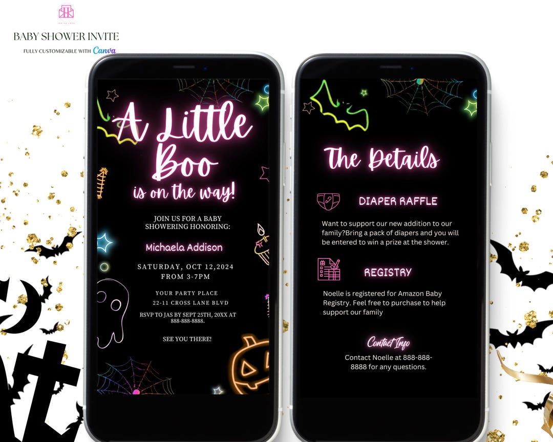 Neon Little Boo Baby Shower Invitation, Digital Gender Neutral ...
