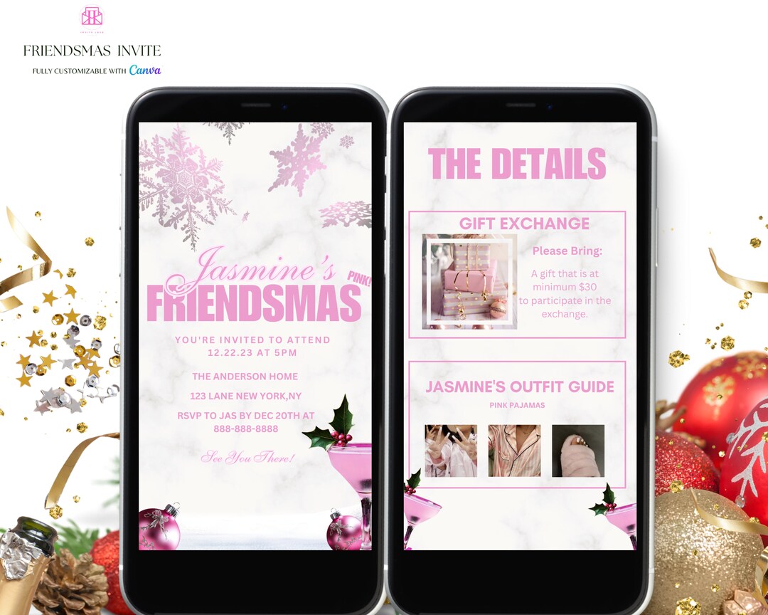 Pink Friendsmas Party Invitation, Women's Gift Exchange Party Invite ...