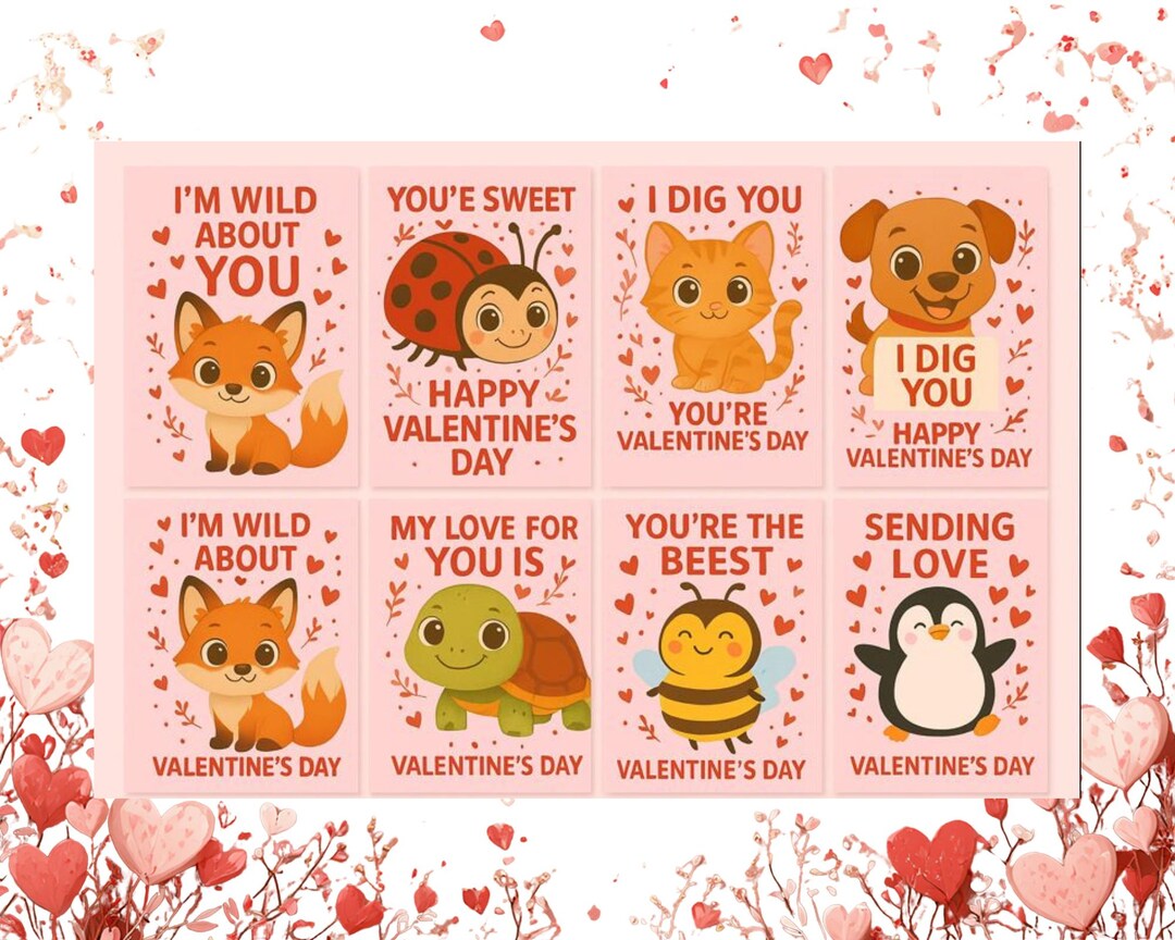 Kids Valentine’s Day Printable Cards | Cute Animal Classroom Valentines ...