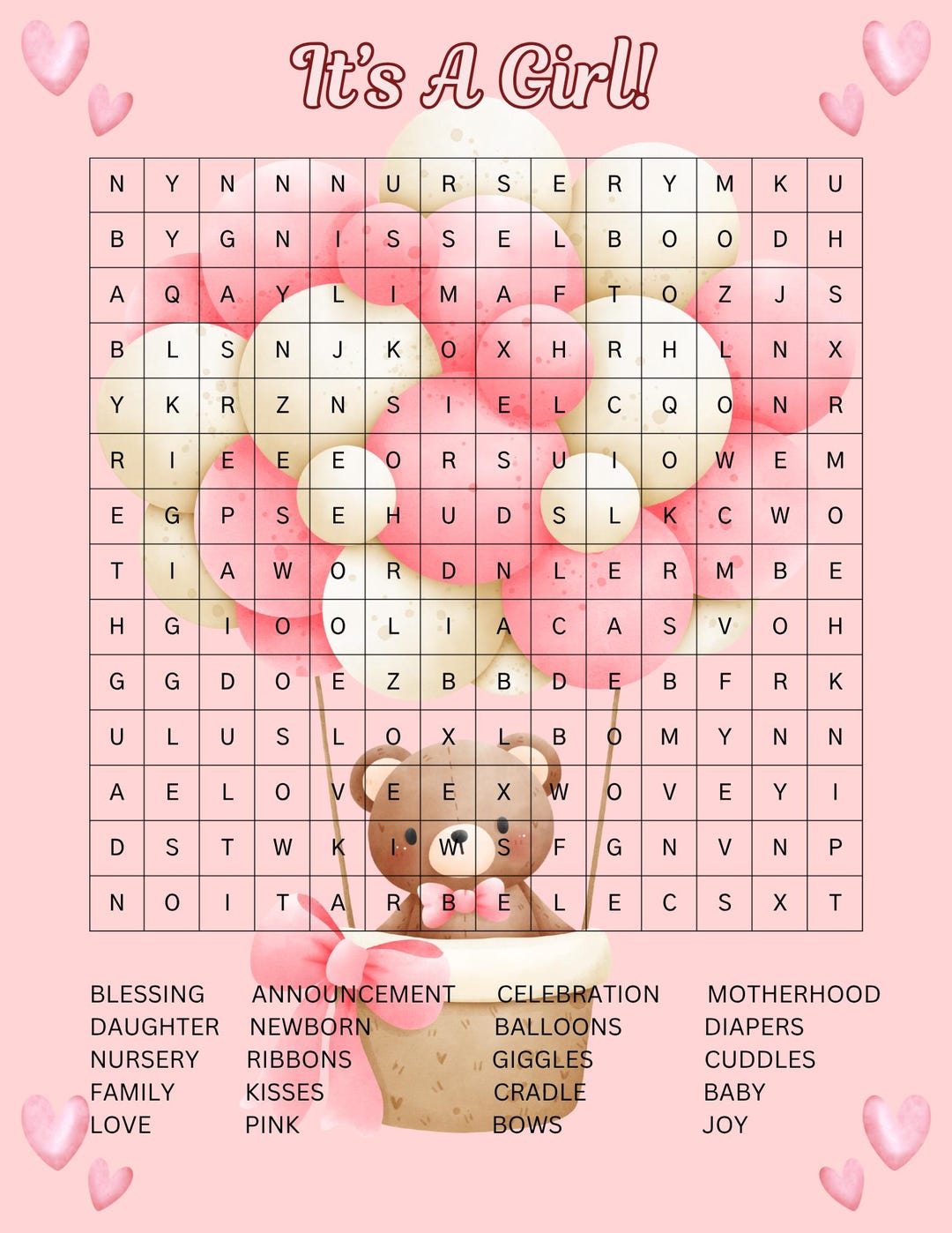 It's A Girl Word Search Printable, Baby Shower Word Search, Baby Shower ...
